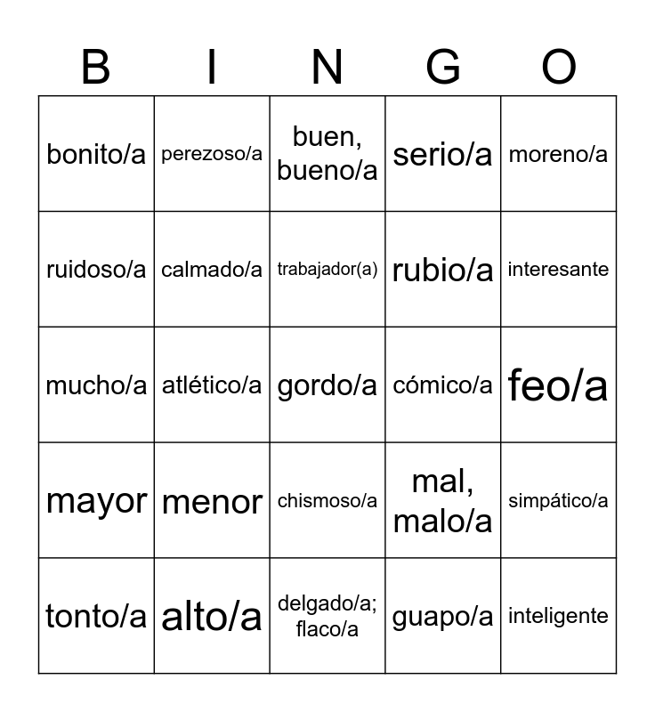 Descriptive Adjectives Bingo Card