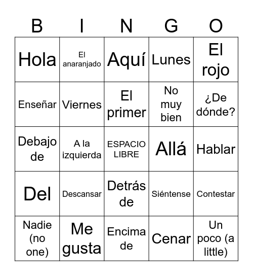Los opuestos Bingo Card