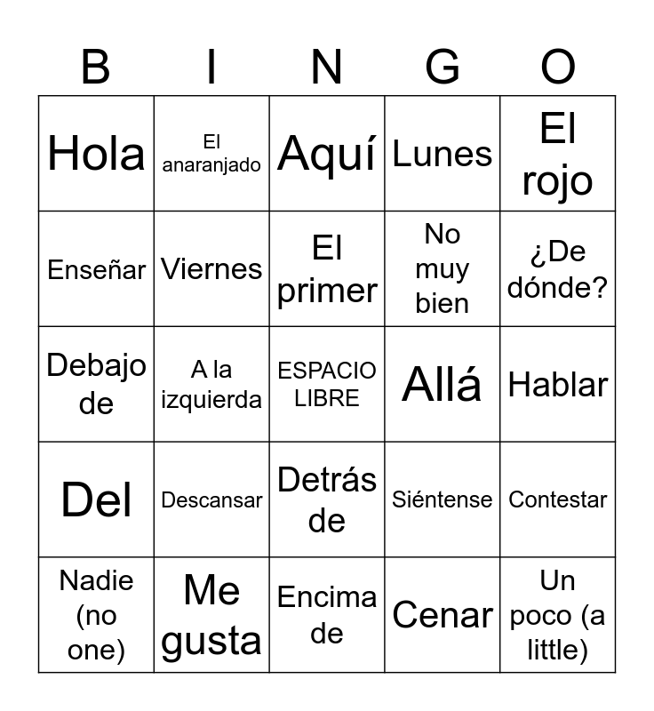 Los opuestos Bingo Card