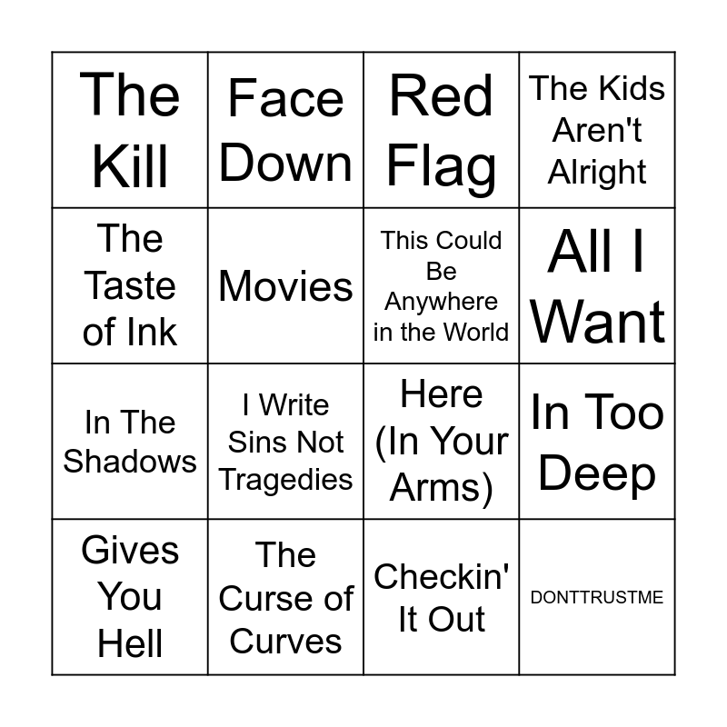 Emo Pop Punk Bingo Round 1 Bingo Card