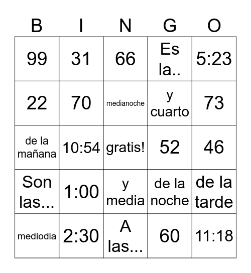 Español 1 La hora y los números Bingo Card