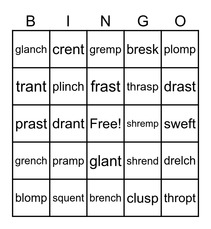 2.4 Nonsense Words Bingo Card
