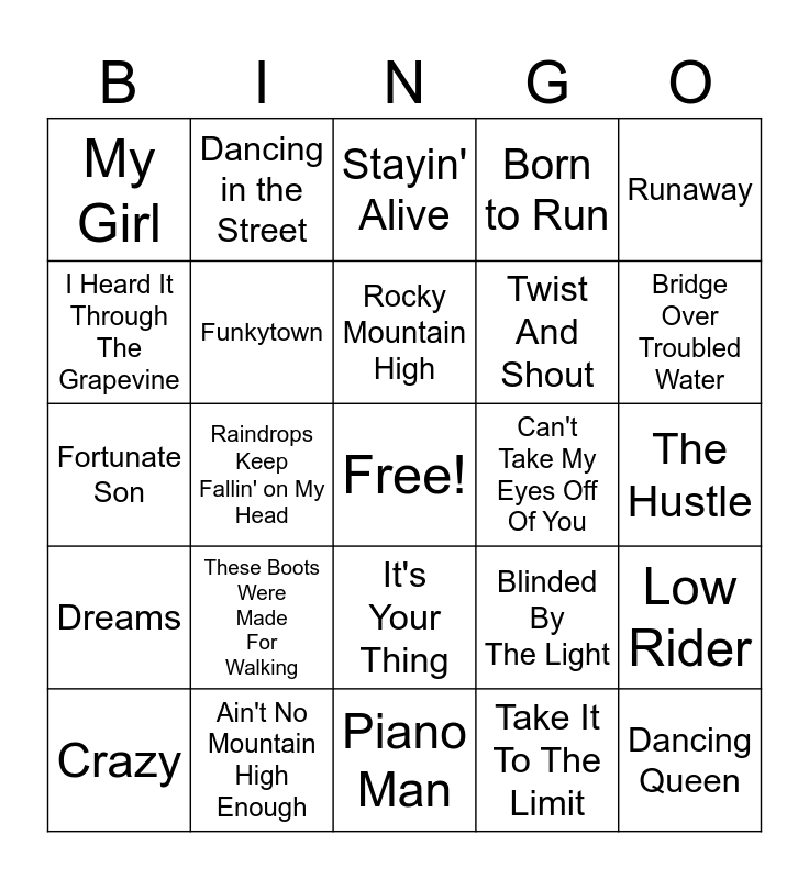 60s & 70s Music Bingo Card