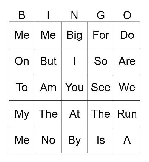 Sight Words Bingo Card