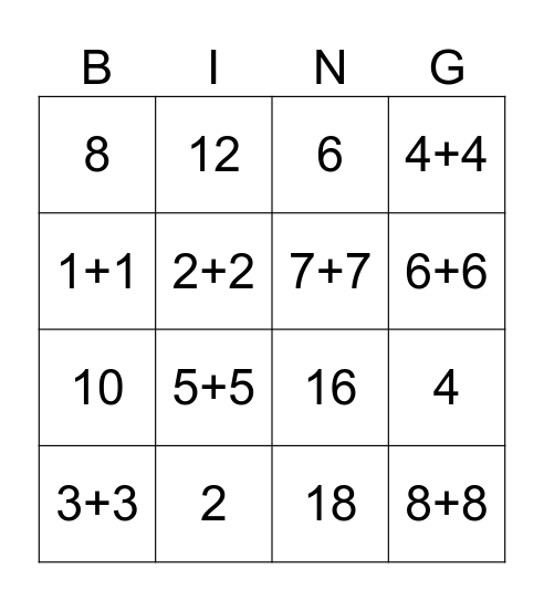 Doubles Bingo Card