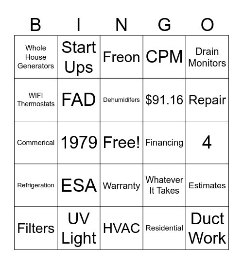 M&M Heating and Cooling Bingo Card