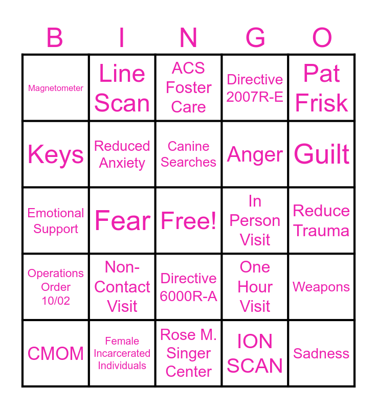 Female Incarcerated Individuals: Visit Process Bingo Card