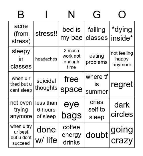 Student's life Bingo Card