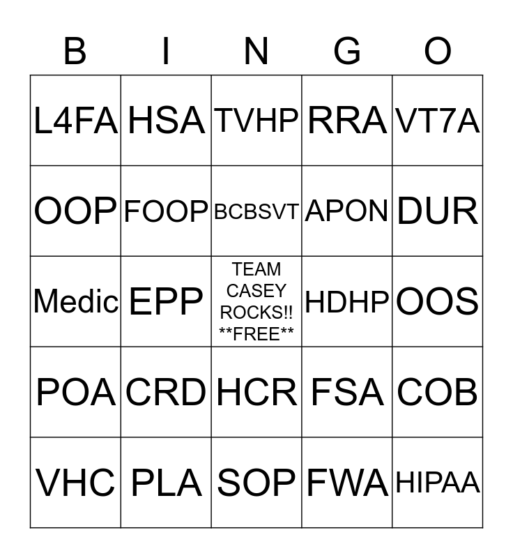 Team Casey Bingo Match (Game #2) Bingo Card