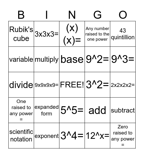 Exponent Bingo Card