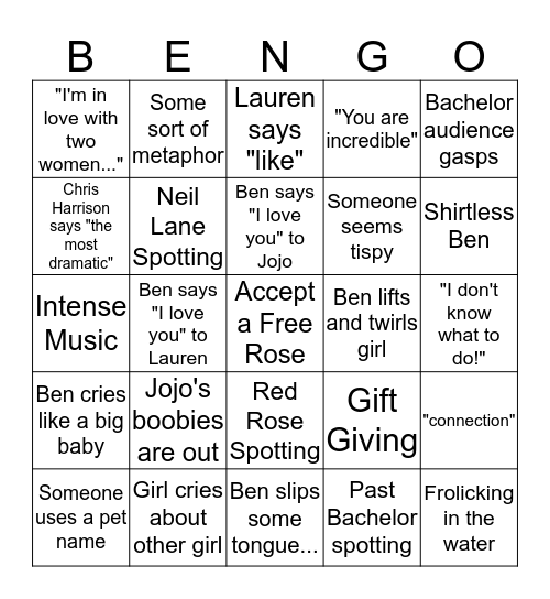Bachelor Finale BENGO Bingo Card