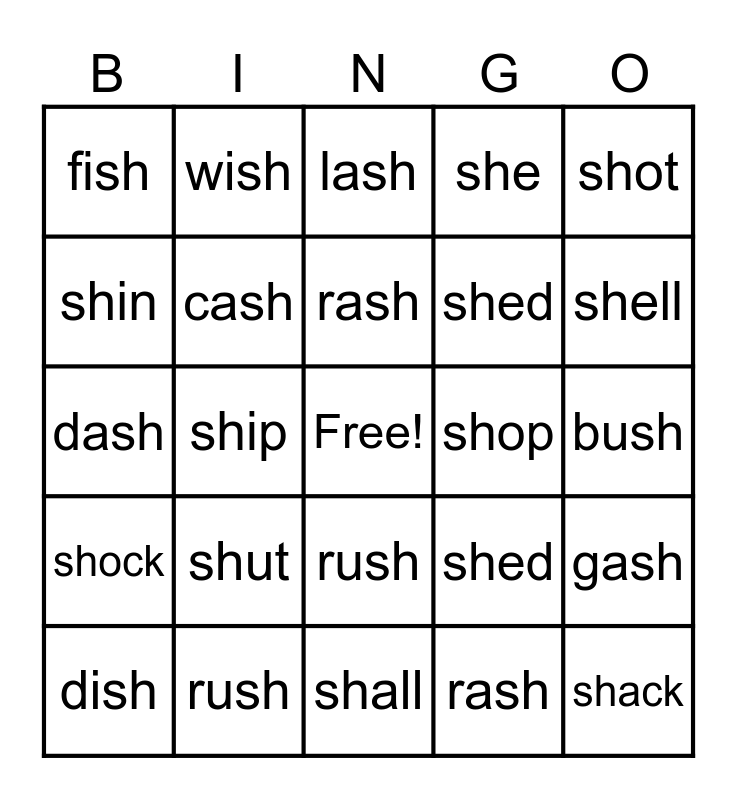 sh and -sh digraphs Bingo Card