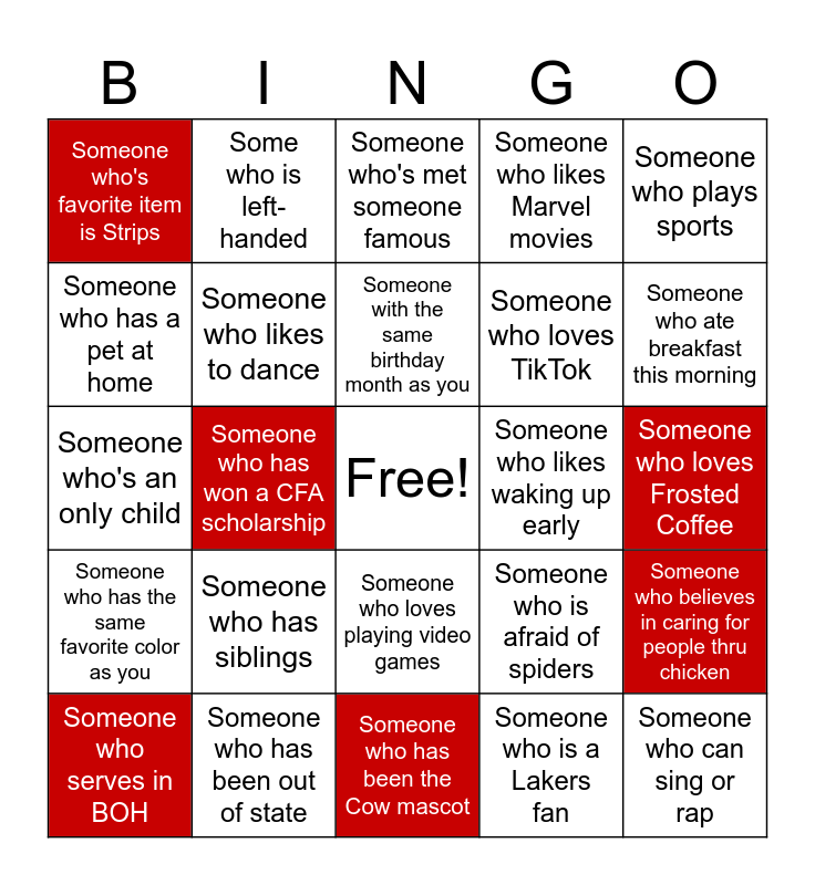 CFA Bingo Card