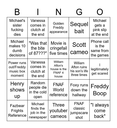 FNAF Movie Bingo Card