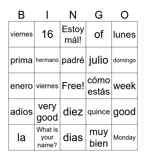 Greetings, Feelings, Numbers, Days, Months, Family Bingo Card