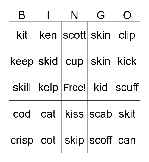 C vs K Beginning Sound Bingo Card