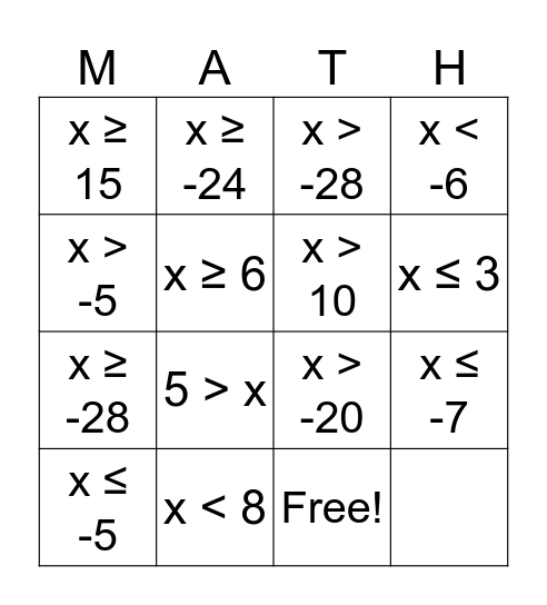 Solving Inequalities Bingo Card
