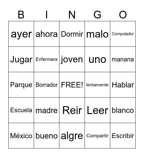 Sustantivos - Verbos Adjetivos Bingo Card