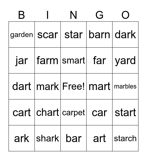 R Controlled Vowels (ar) Bingo Card