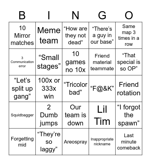 Splatoon 3 Splatfest Bingo Card