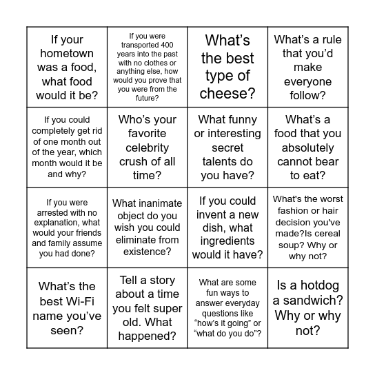 Ask and answer Bingo Card