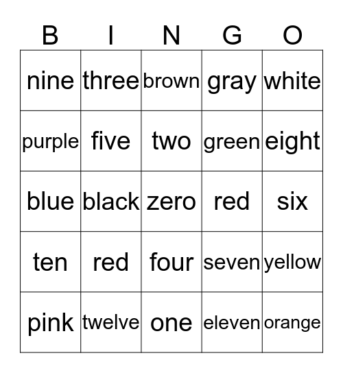 colors and numbers Bingo Card