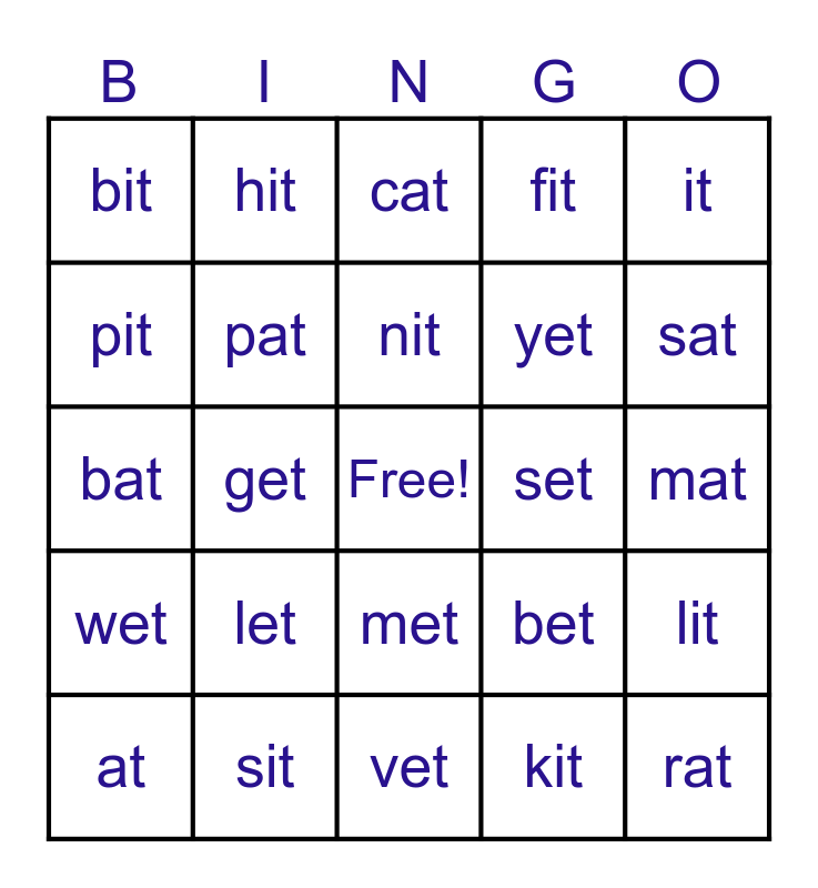 Word Families Bingo Card