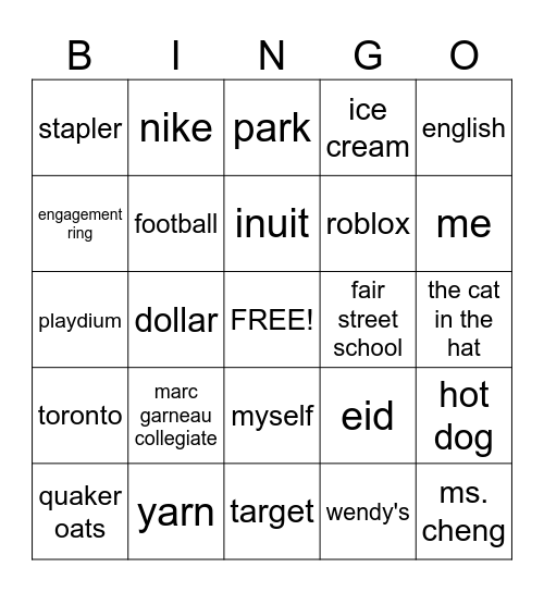 Capitalization Bingo Card