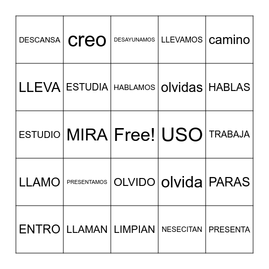 AR REGULAR VERBS BINGO Card