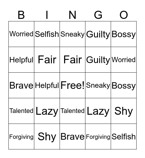Character Traits Bingo Card