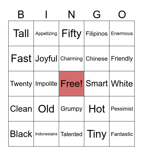 Bingo Cards on Adjectives Bingo Card