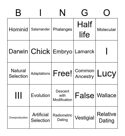 Evolution Bingo Card