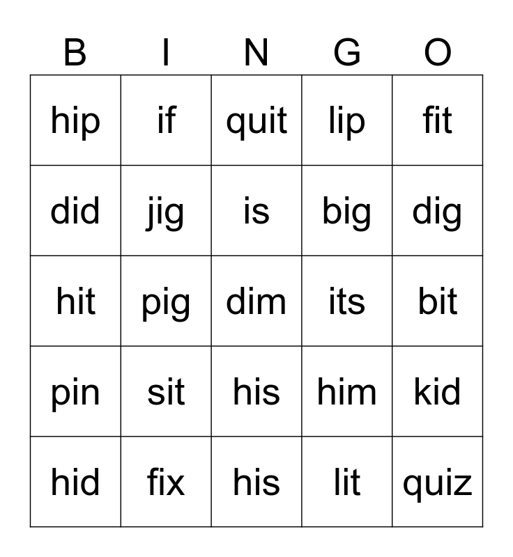 Lesson 36a Bingo Card