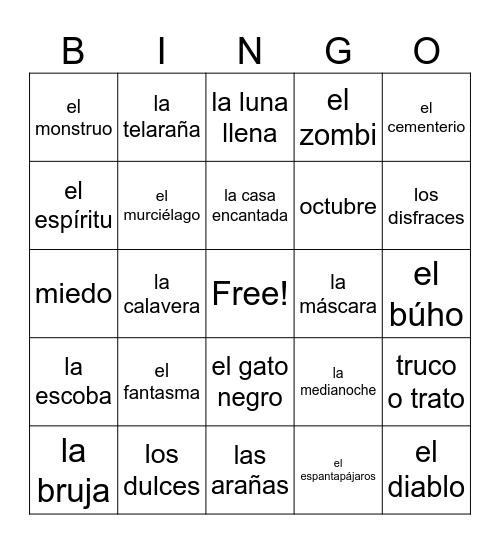 Vocabulario de Halloween Bingo Card