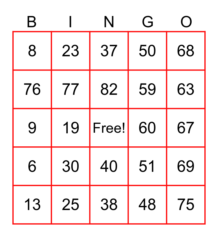 Number Bingo 1-75 Bingo Card