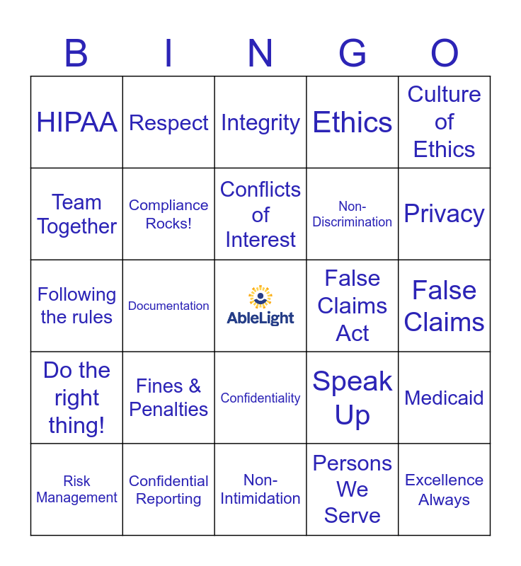 AbleLight's Compliance & Ethics Bingo Card