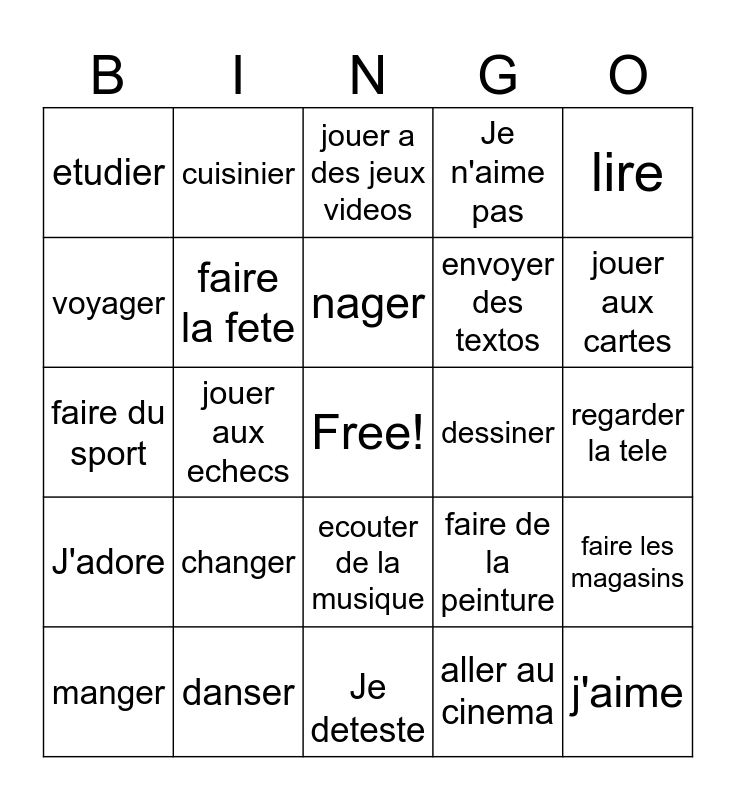 Les Passe-temps (Exploring French) Bingo Card