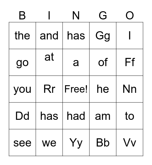 Sight Word/Letter Bingo Card