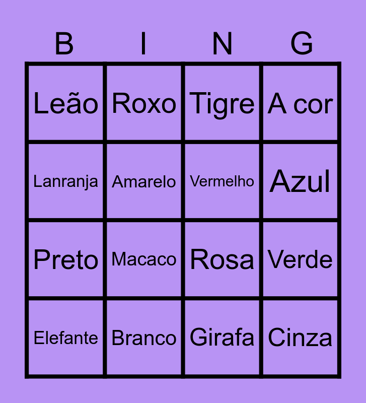Portuguese color and animal bingo Card