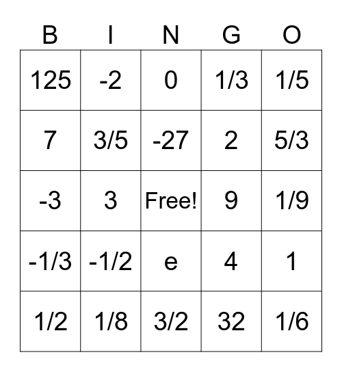 Exponent Bingo! Bingo Card