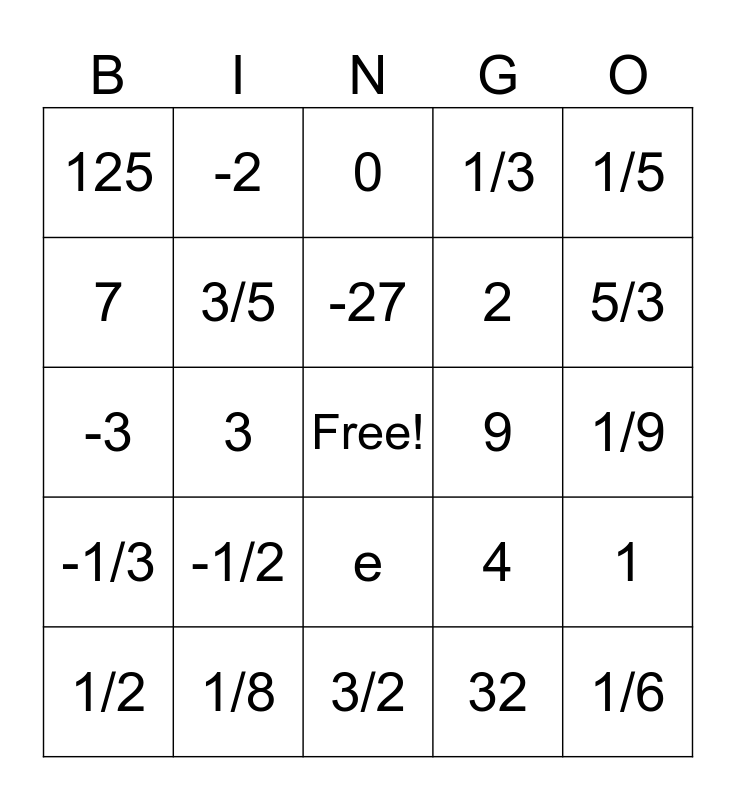Exponent Bingo! Bingo Card