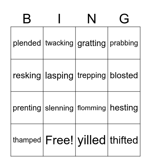 -ing and -ed Nonsense Word Bingo Card