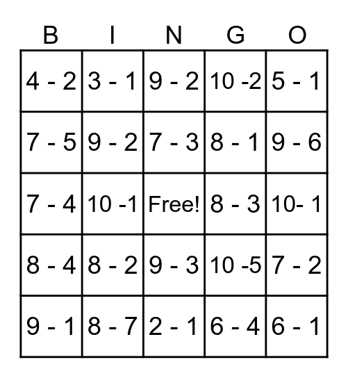 Subtract within 10 Bingo Card