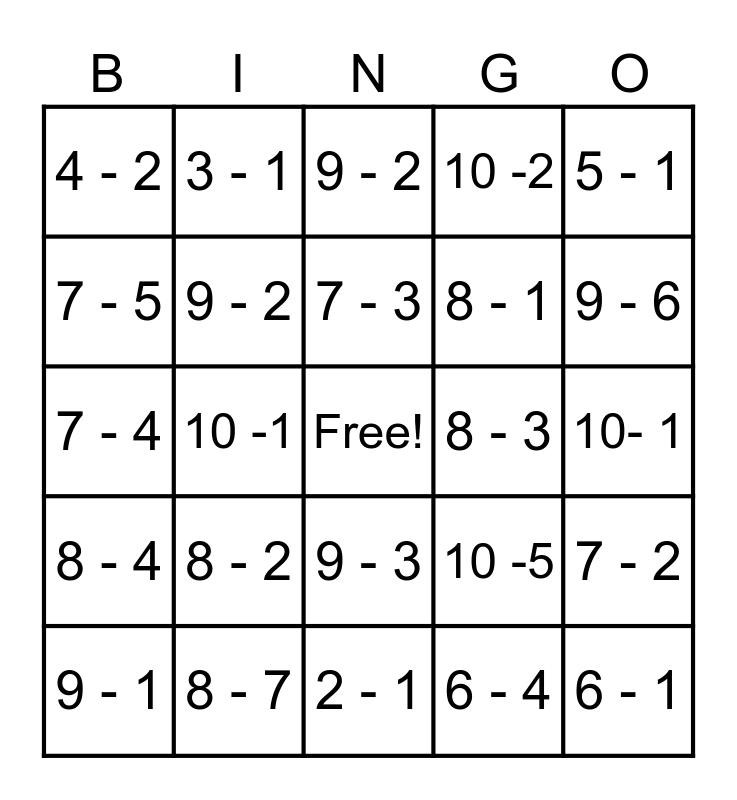 Subtract within 10 Bingo Card