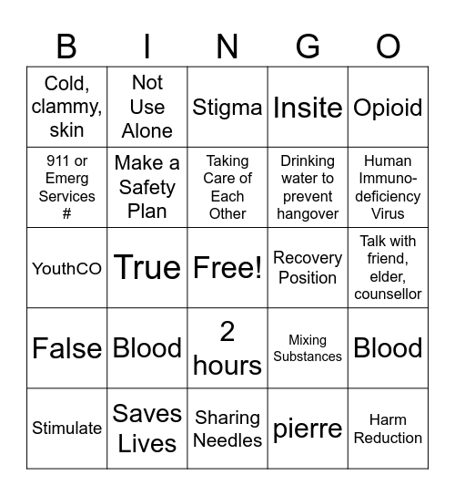 Harm Reduction Bingo Card