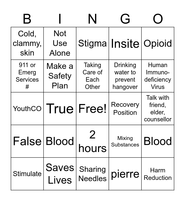 Harm Reduction Bingo Card