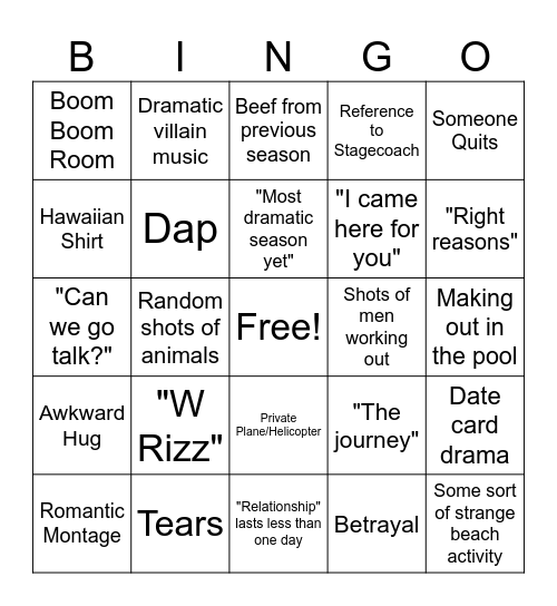Bachelor in Paradise Bingo Card