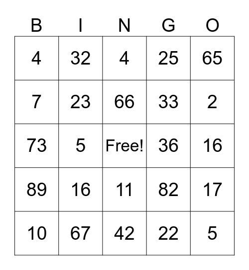 Numbers Bingo Card
