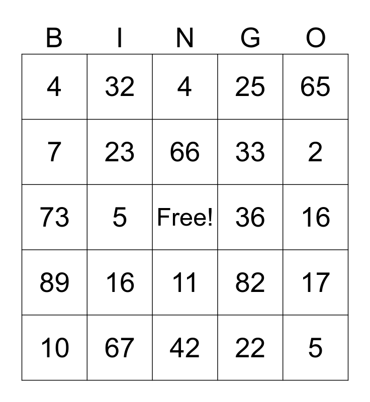 Numbers Bingo Card