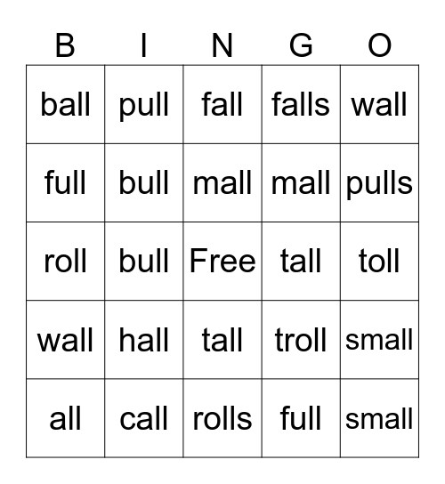 -all, -oll, -ull BINGO Card